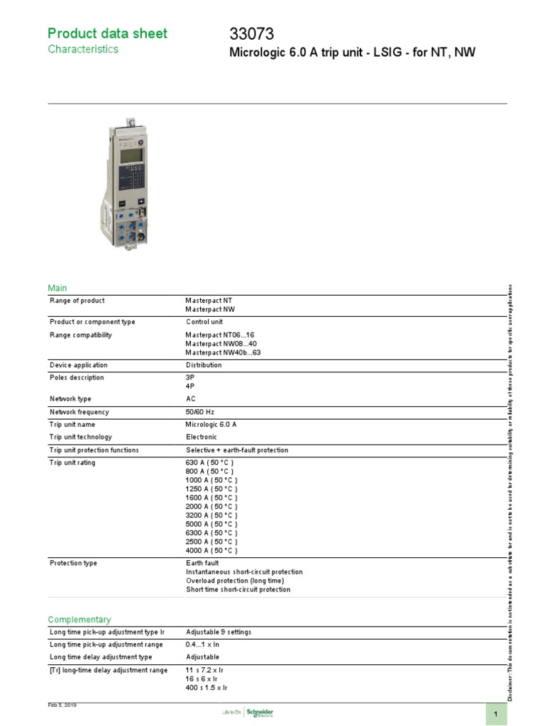 Product Data Sheet: Micrologic 6.0 A Trip Unit - LSIG - For NT, NW ...