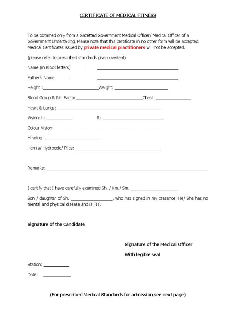 Medical Fitness Format | PDF | Health Sciences | Clinical Medicine