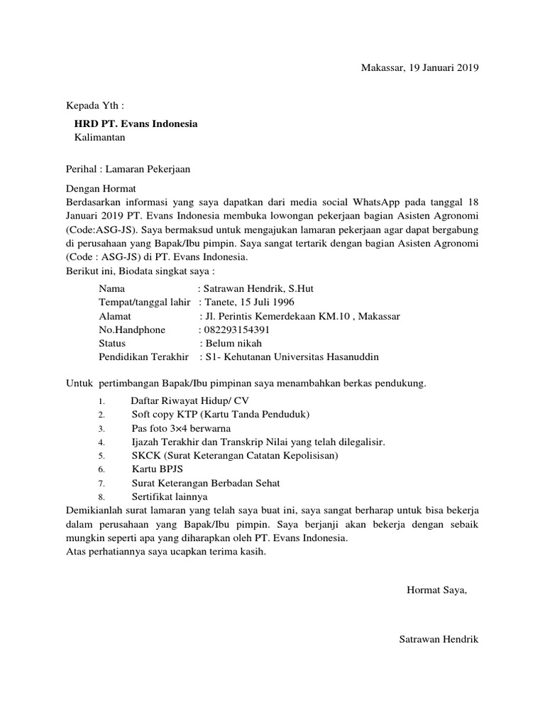 SURAT Loker PT. Evans Indonesia | PDF