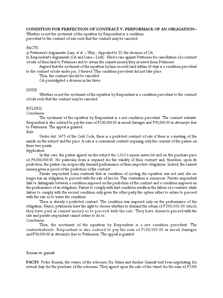 Condition For Perfection of Contract V. Performace of An Obligation ...