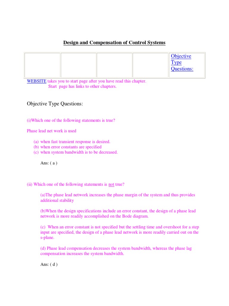 Design and Compensation of Control Systems: Objective Type Questions ...