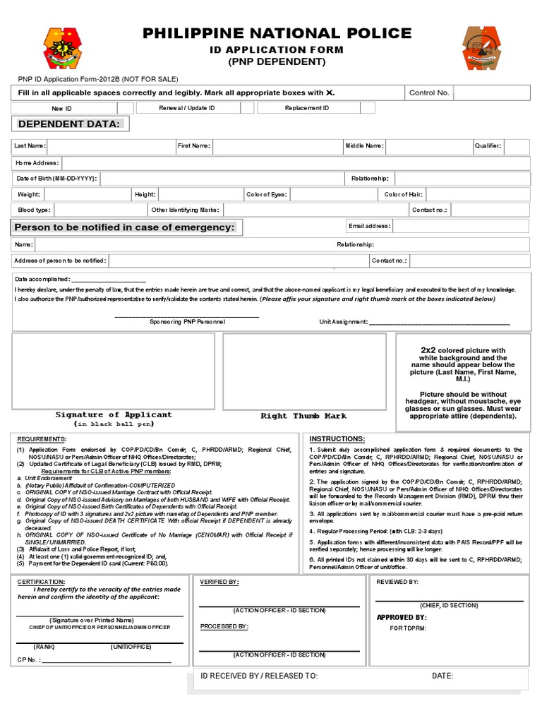 Philippine National Police: Id Application Form (PNP Dependent) | PDF ...