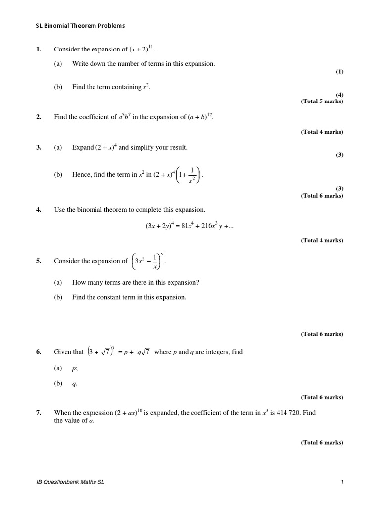 IB SL Binomial Theorem Exercises | PDF | Complex Analysis | Mathematical Concepts