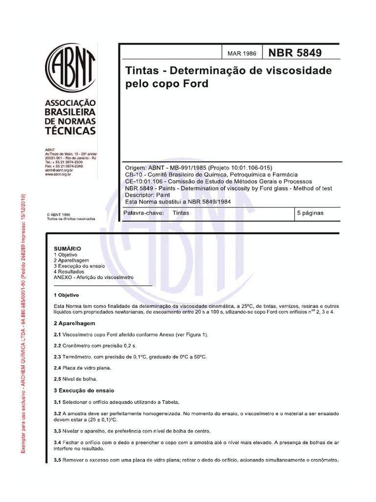 ABNT NBR 5849 - Determinação de Viscosidade Pelo Copo Ford PDF | PDF