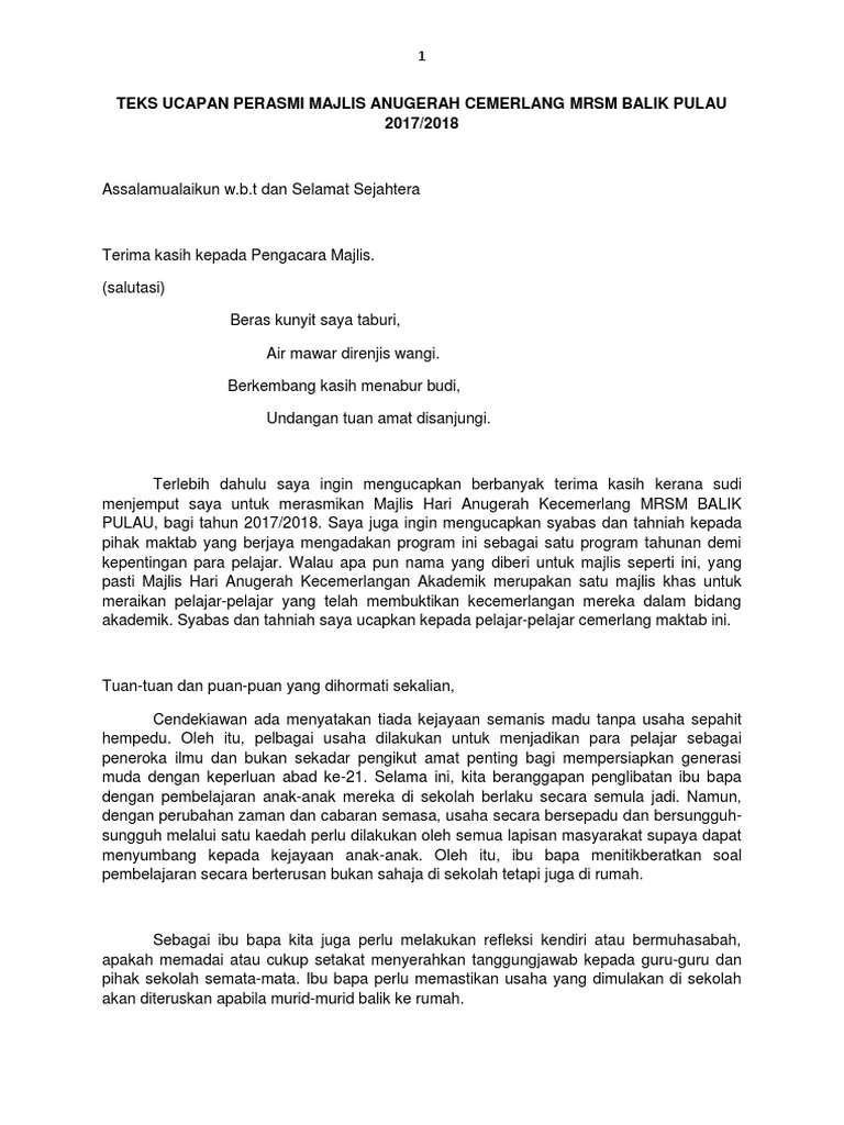 Contoh Teks Ucapan Perasmi Majlis Anugerah Cemerlang | PDF Contoh Teks Ucapan Perasmi Majlis Anugerah Cemerlang | PDF