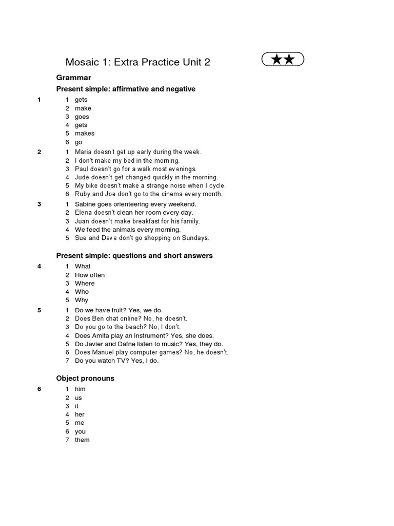 Mosaic 1 Unit 2 Answer Key | PDF | Linguistics | Grammar