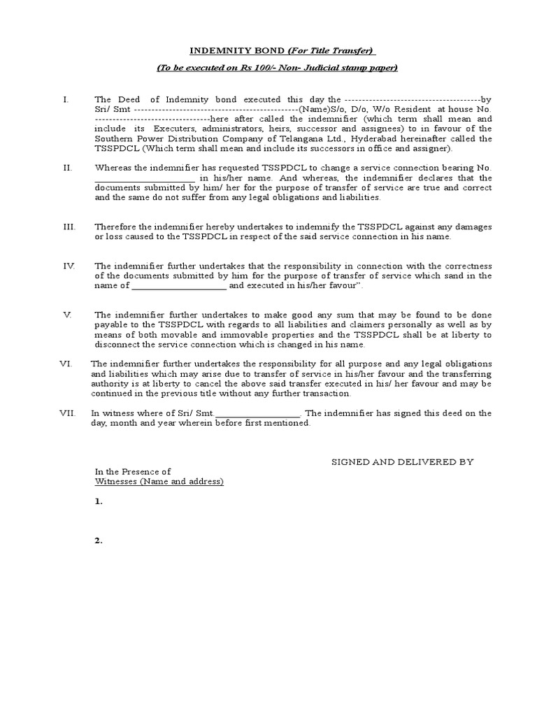 Indemnity Bond (For Title Transfer) : (To Be Executed On Rs 100/-Non ...