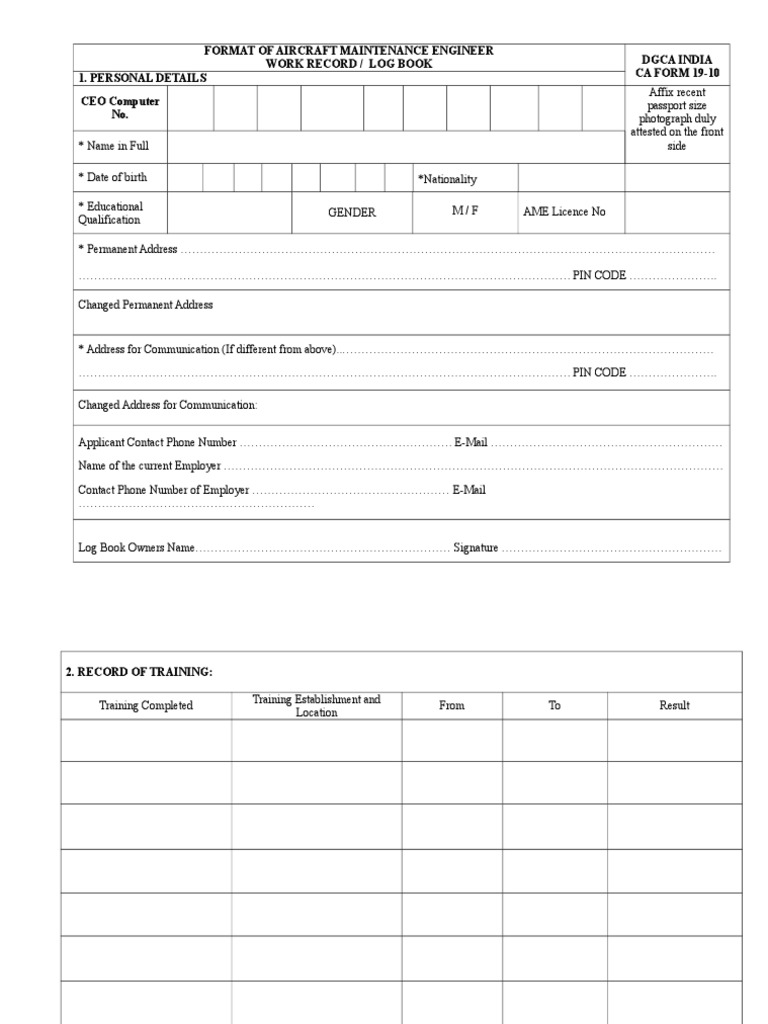 Format of Aircraft Maintenance Engineer Work Record / Log Book Dgca ...