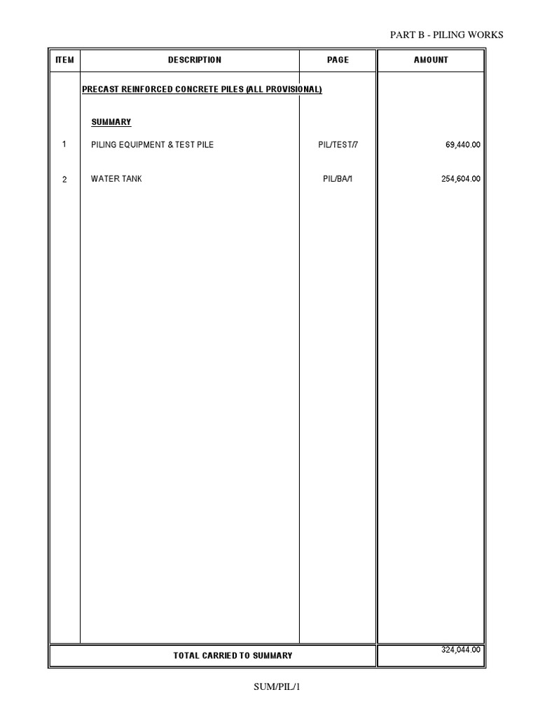 Piling Works Bill of Quantities | PDF | Deep Foundation | Precast Concrete