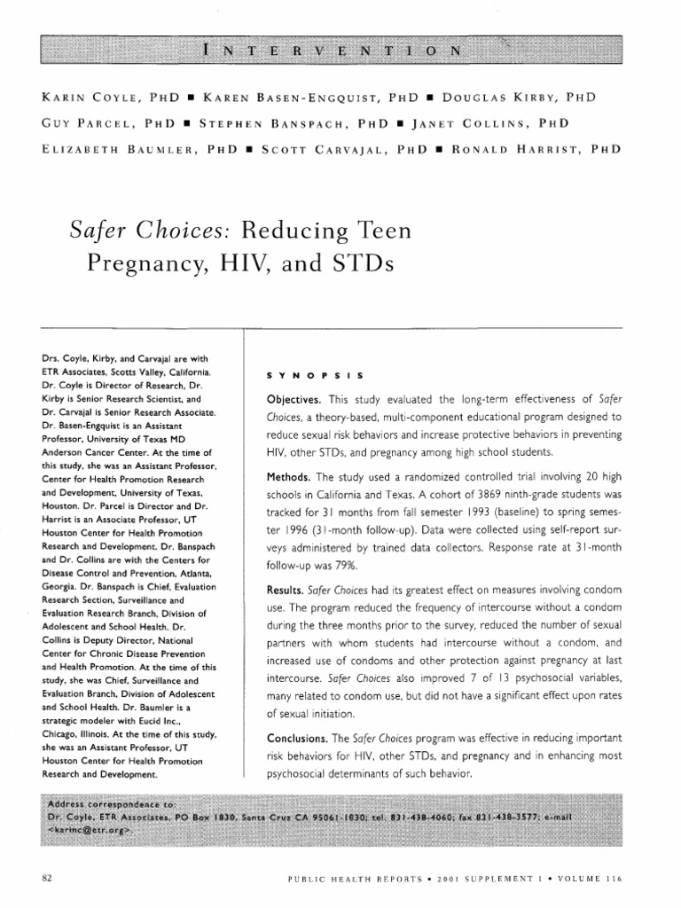 Safer Choices: Reducing Teen Pregnancy, Hiv and STDS: Public Health ...