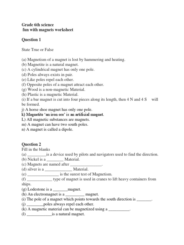 Class 6 Fun with Magnets Worksheet | PDF | Magnet | Magnetism