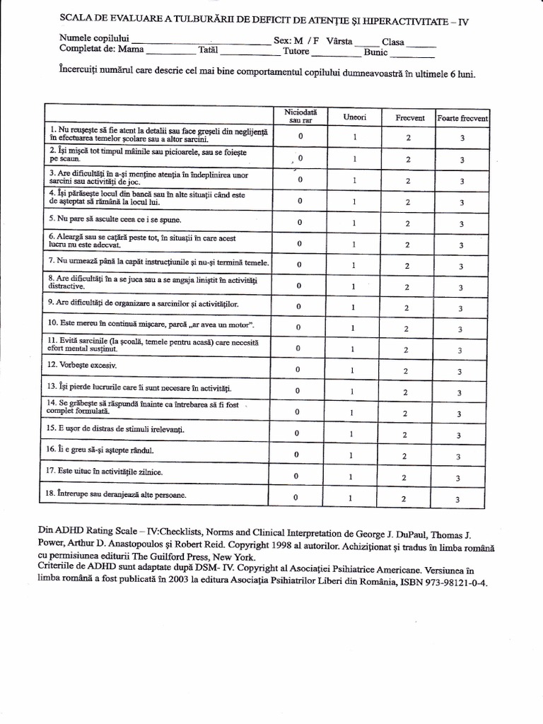 Scala ADHD pentru Evaluarea Copiilor | PDF