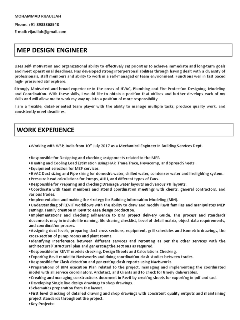 Mep Design Engineer: Mohammad Rijaullah Phone: +91-8983868548 | PDF ...