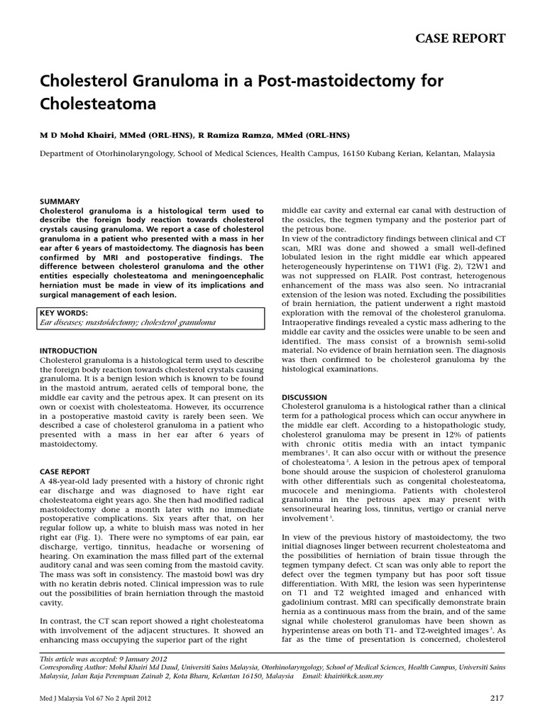 Cholesterol Granuloma | PDF | Ear | Auditory System