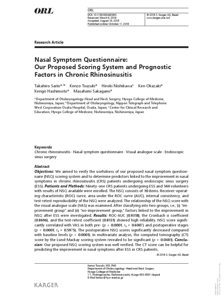 Nasal Symptom Questionnaire: Our Proposed Scoring System and Prognostic ...