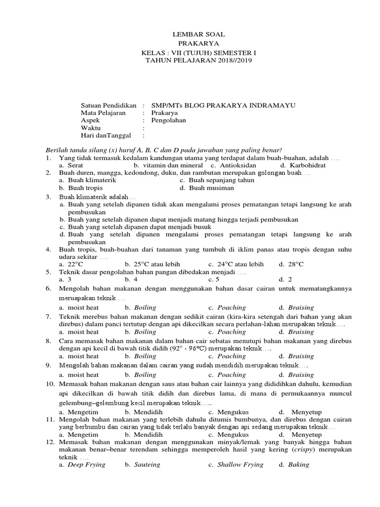 Soal Prakarya Pengolahan Kelas VII | PDF