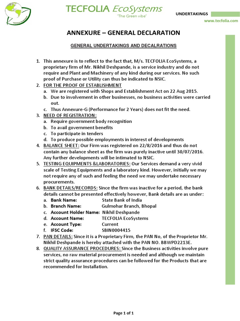 Annexure - General Declaration: General Undertakings and Decalrations ...