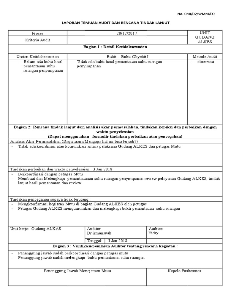 Laporan Temuan Audit Dan Rencana Tindak Lanjut | PDF | Bisnis ...