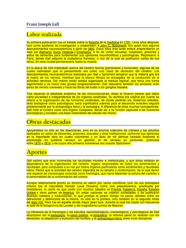 Aportes de Gall a la frenología y neurociencia | PDF | Cerebro | Sicología
