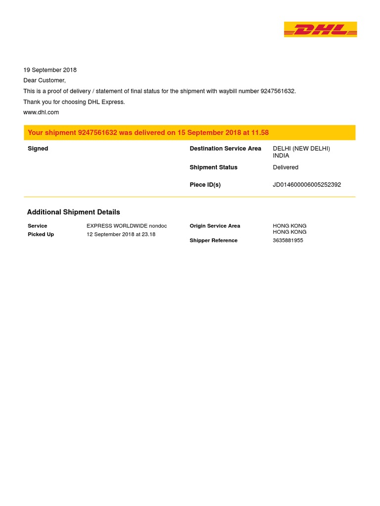 Proof of Delivery and Final Shipment Status for Waybill Number ...