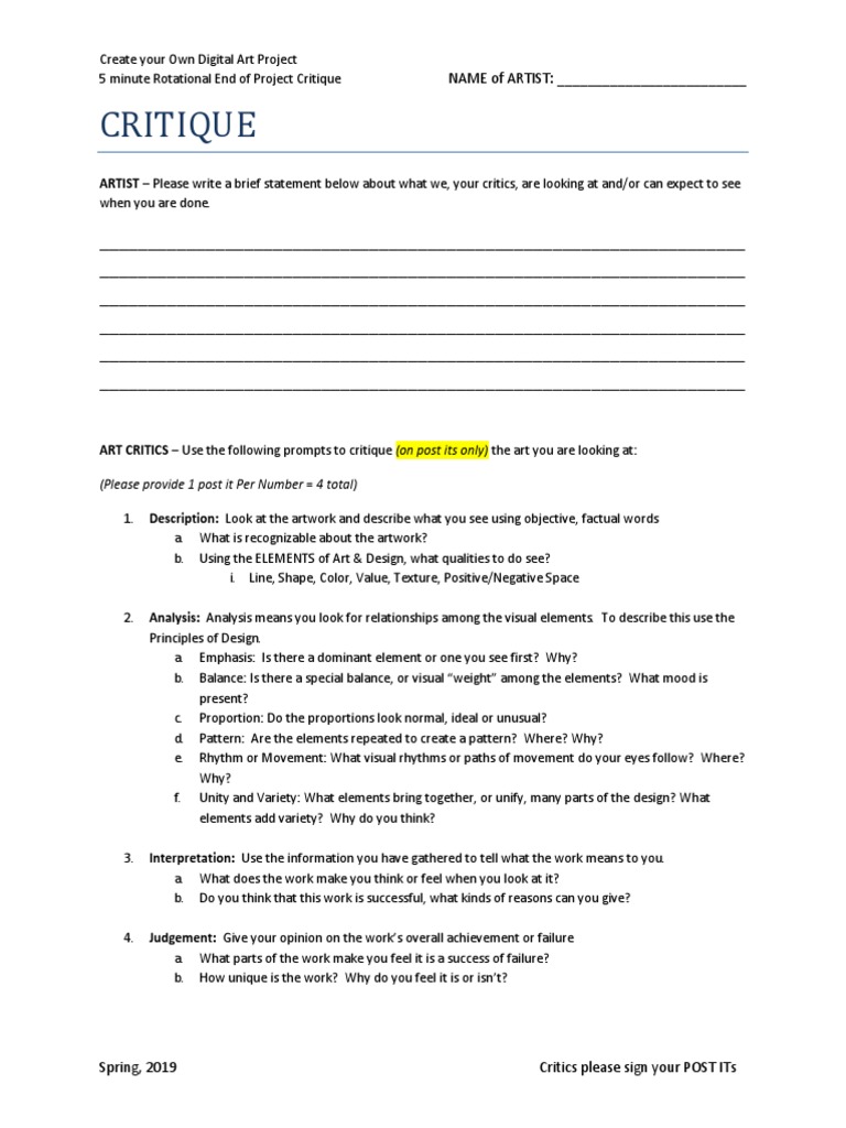 Art Criticism Critique Handout | PDF | Cognition | Psychological Concepts