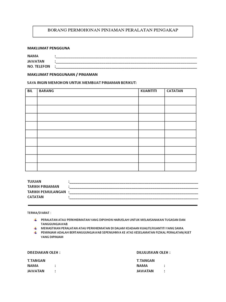 Borang Pinjaman Peralatan | PDF