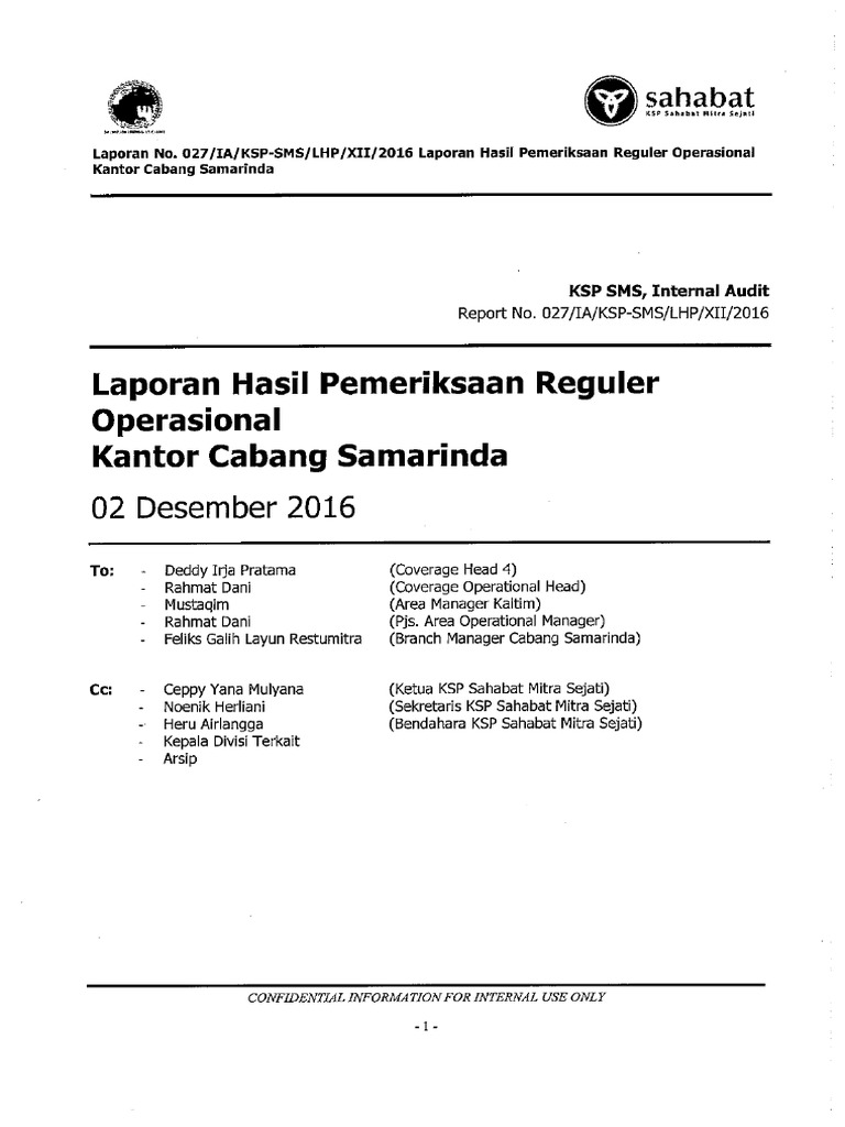 Laporan Hasil Pemeriksaan (LHP) Operasional Cab - Samarinda PDF | PDF