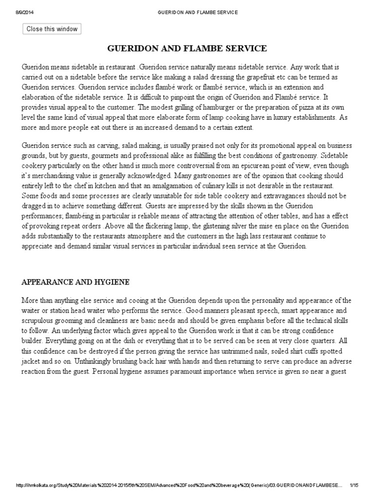 Gueridon and Flambe Service | PDF | Tableware | Restaurants