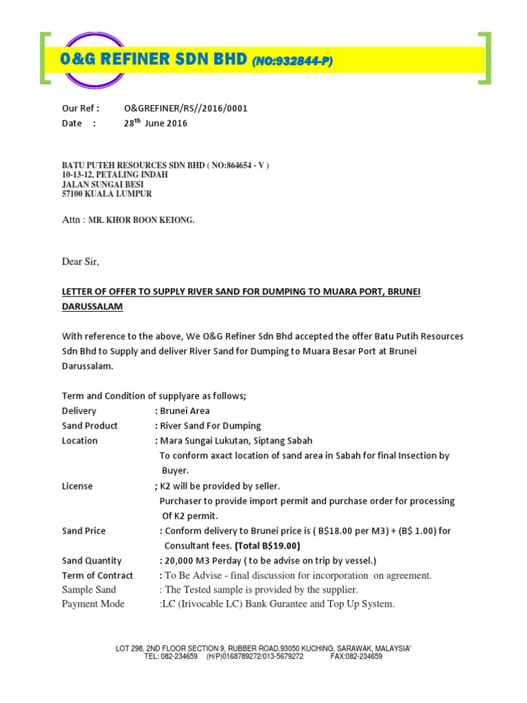O&G Refiner SDN BHD: Letter of Offer To Supply River Sand For Dumping ...