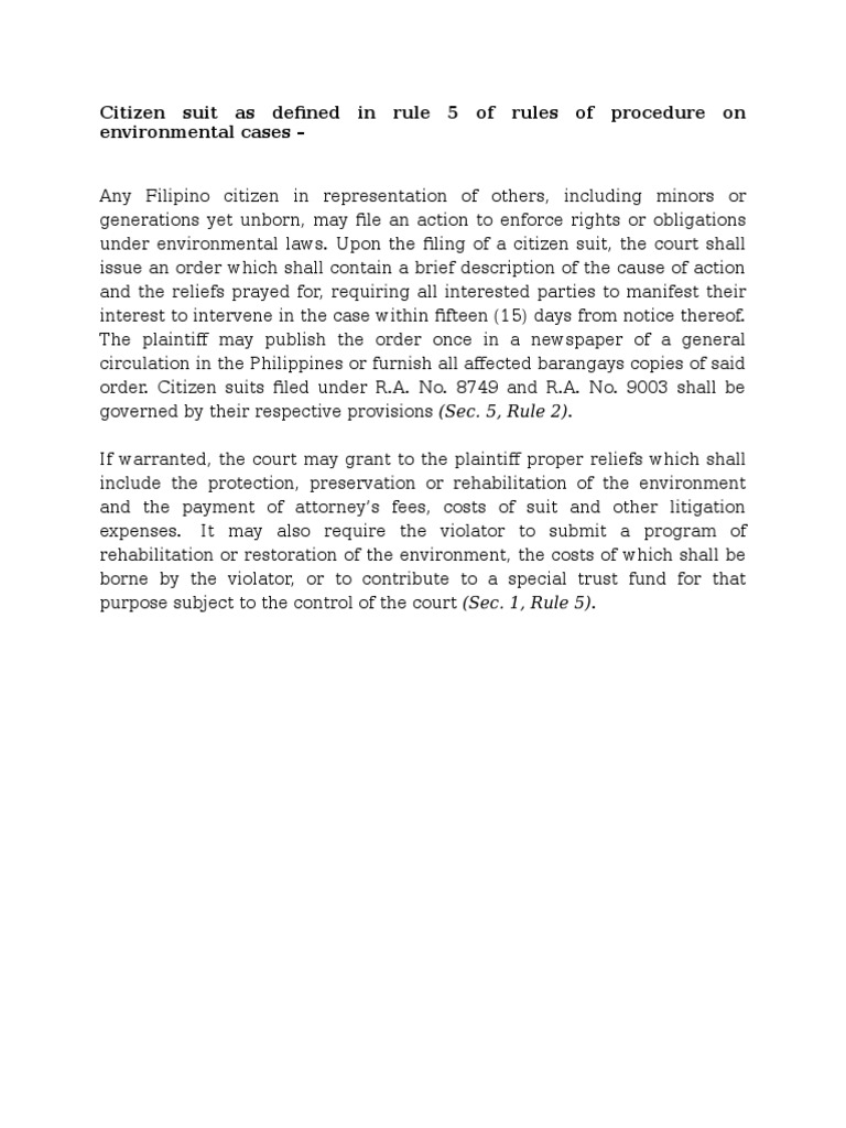 Citizen Suit As Defined in Rule 5 of Rules of Procedure On ...
