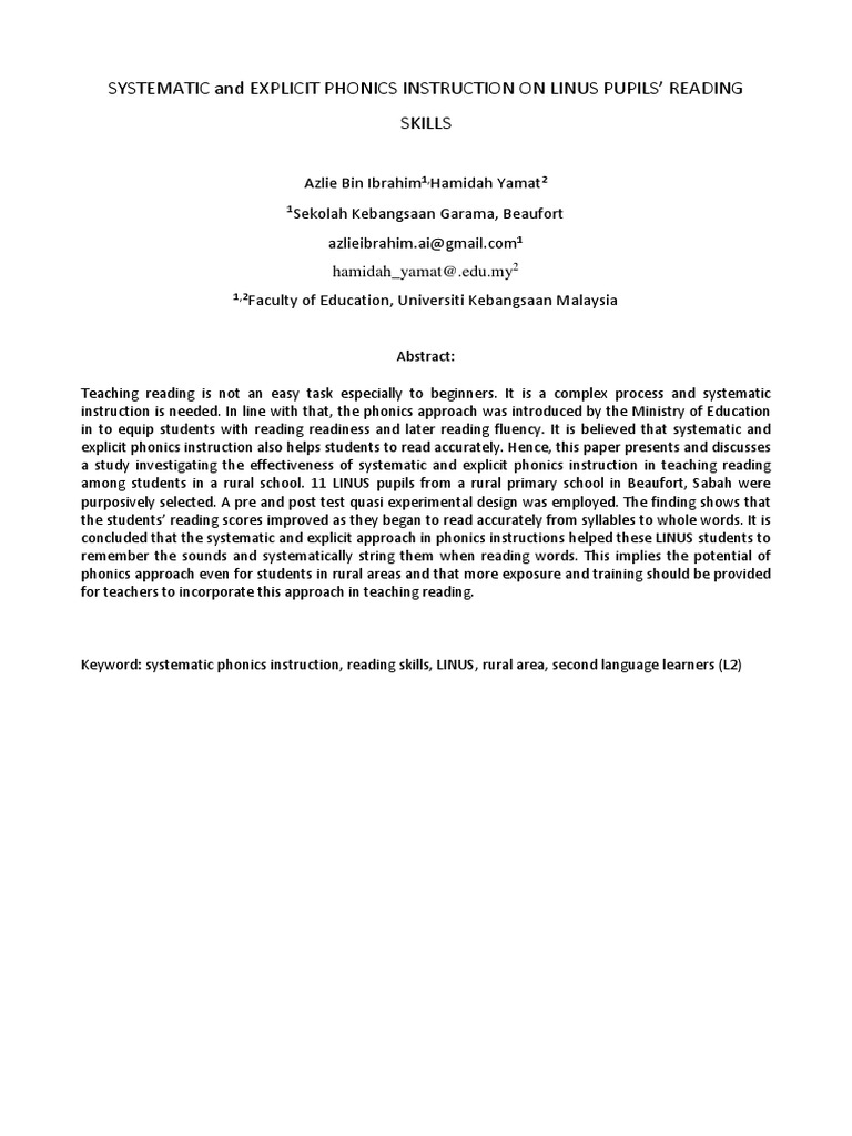 Systematic and Explicit Phonics Instruction On Linus Pupils' Reading ...