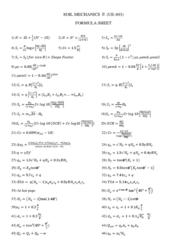Soil Mechanics Formula Sheet | PDF | Teaching Mathematics | Nature
