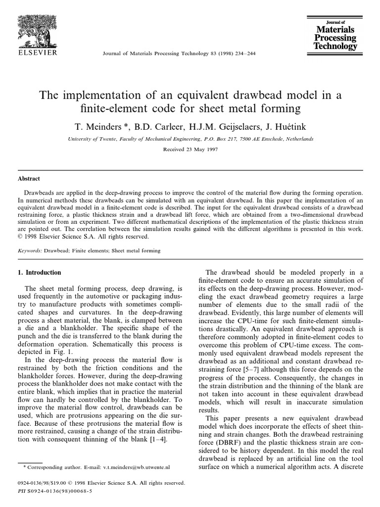The Implementation of An Equivalent Drawbead Model in A Finite-Element Code For Sheet Metal ...