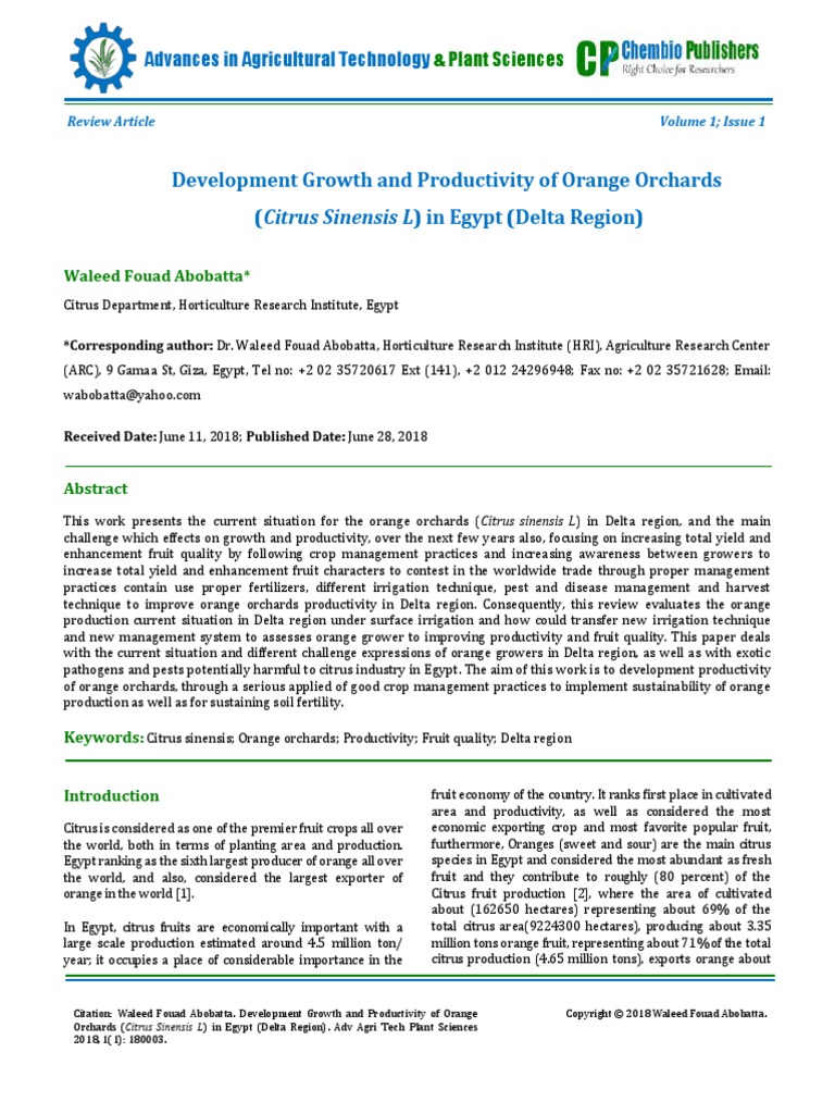 Development Growth and Productivity of Orange Orchards (Citrus Sinensis ...