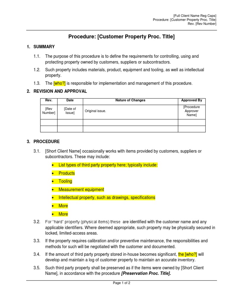 Procedure - Control of Third Party Property.docx | Property ...