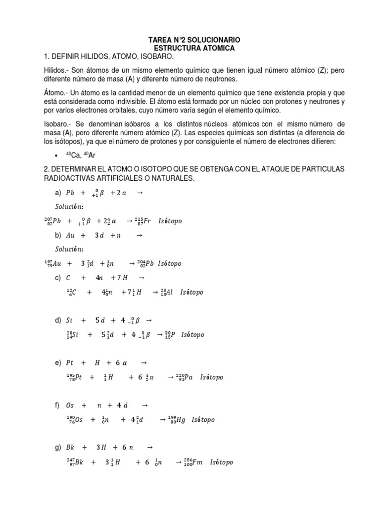 SOLUCIONARIO SEGUNDA TAREA (Ing. Civil - QMC 100) | PDF | Átomos | Isótopo