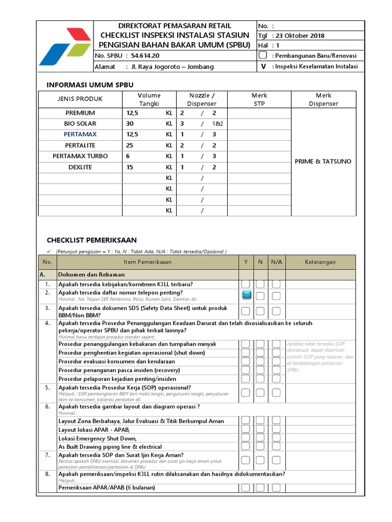 Checklist Inspeksi SPBU Pertamina | PDF