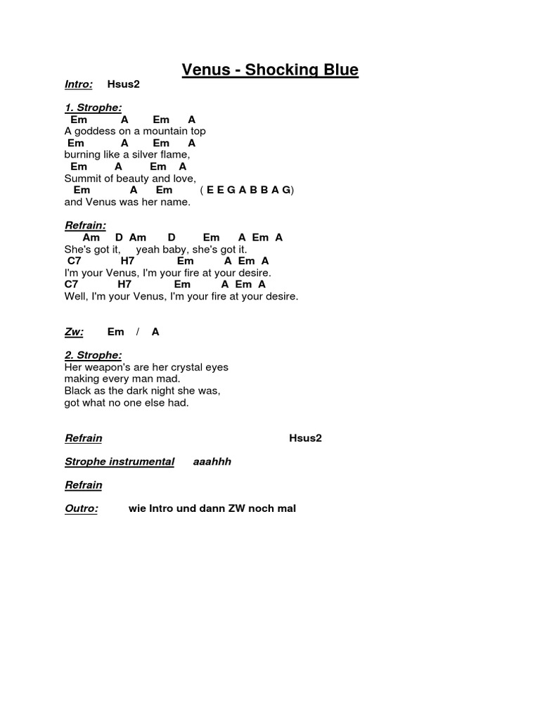 Venus - Shocking Blue: Intro: Hsus2 1. Strophe | PDF