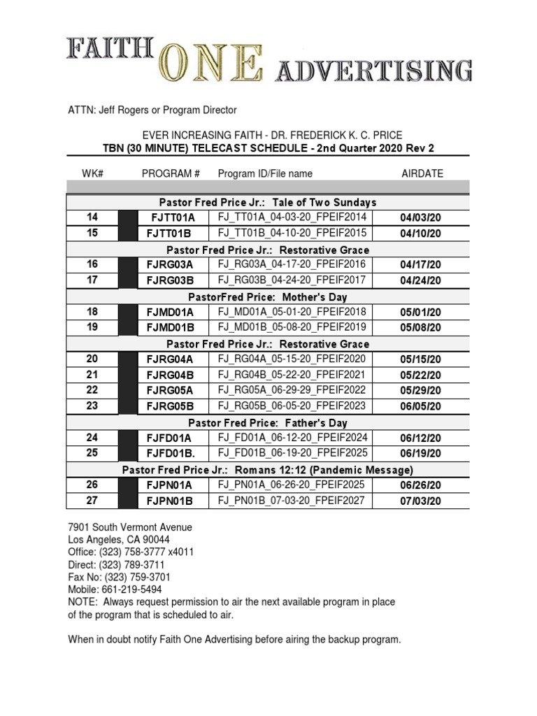 EIF TV Schedule - TBN Broadcast - 30 Minute Shows | PDF