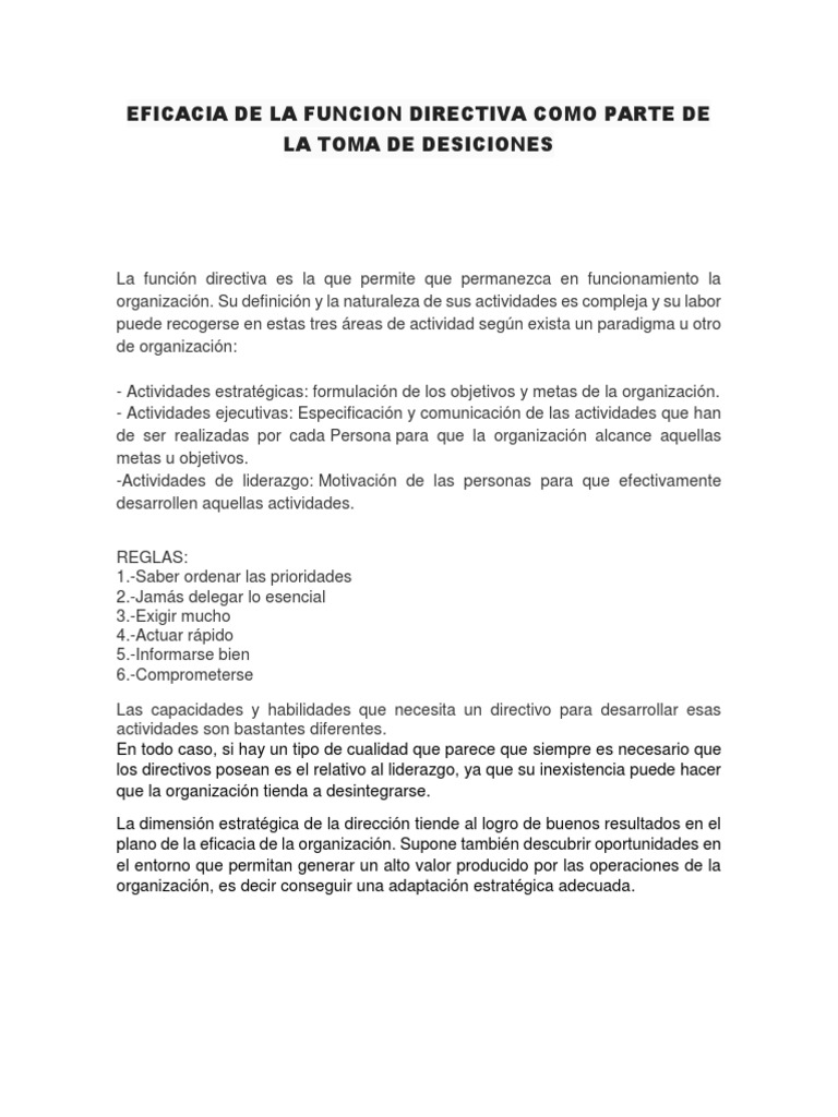 Eficacia de La Funcion Directiva Como Parte de La Toma de Desiciones ...