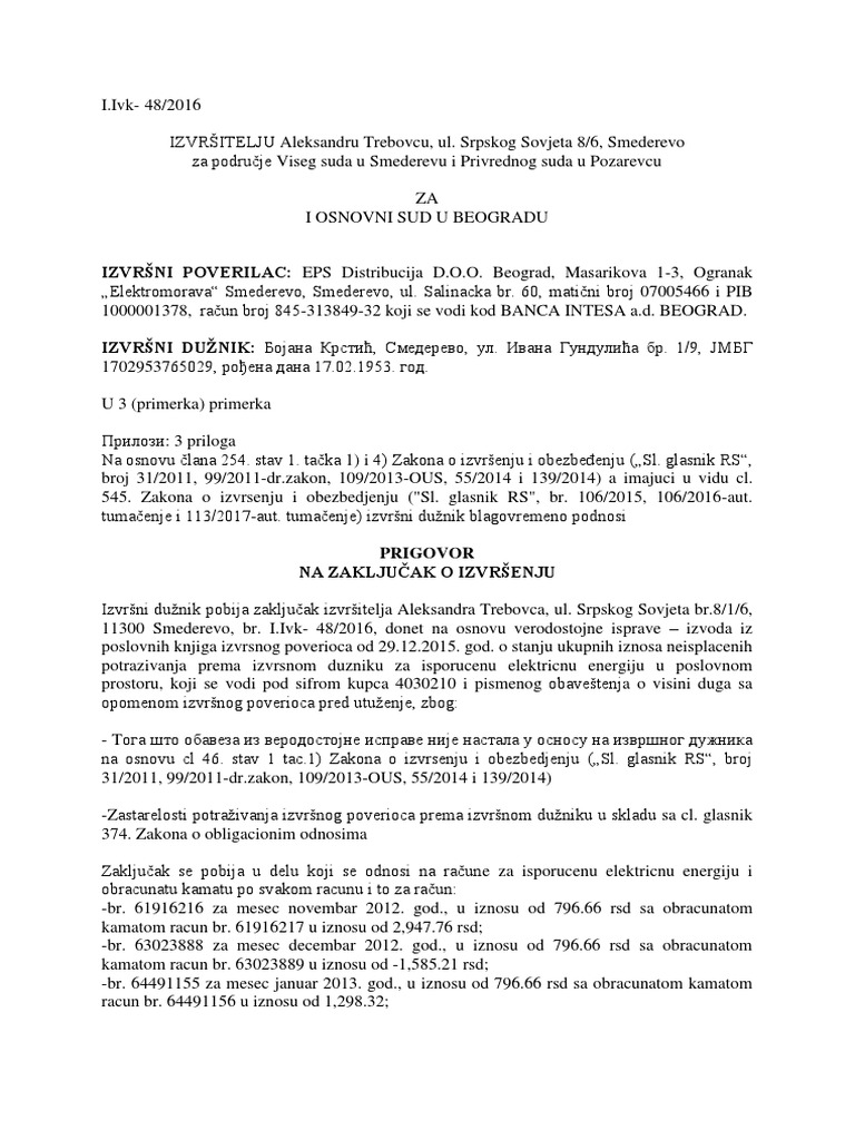 1578-Prigovor Izvršnog Dužnika Na Zaključak o Izvršenju Na Osnovu Verodostojne Isprave Zbog ...