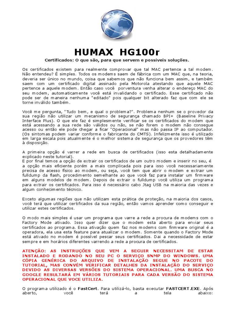 Certificados Modem HUMAX HG100r: Guia Completo | PDF | Arquivo de texto ...