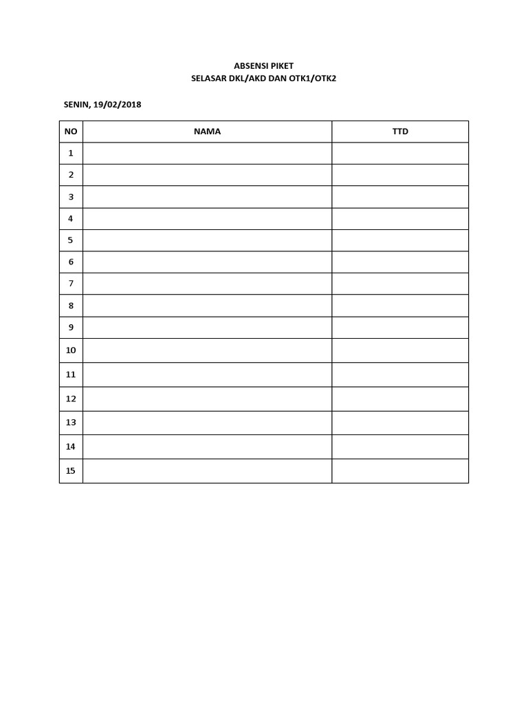 Absensi Piket Selasar Dkl/Akd Dan Otk1/Otk2 SENIN, 19/02/2018 NO Nama ...