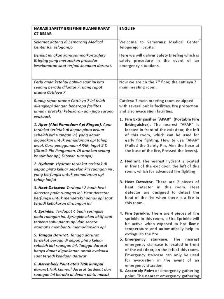 Narasi Safety Briefing Rapat C7 Besar Translate | PDF | Pembakaran ...