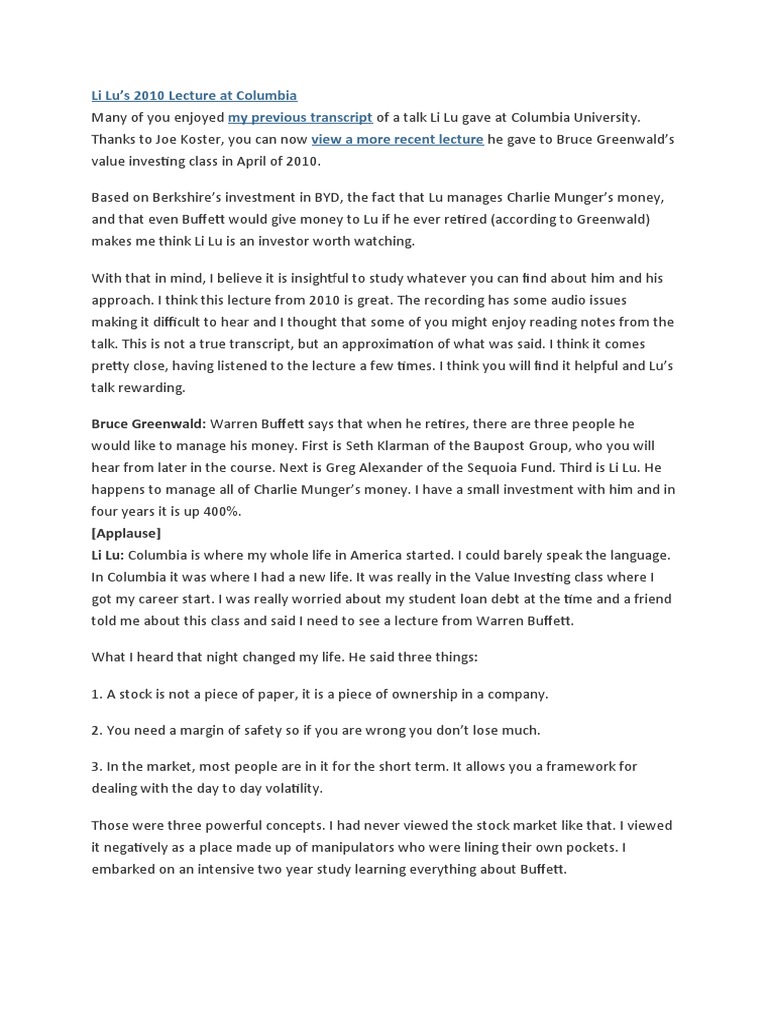 Li Lu's 2010 Lecture at Columbia My Previous Transcript View A More ...