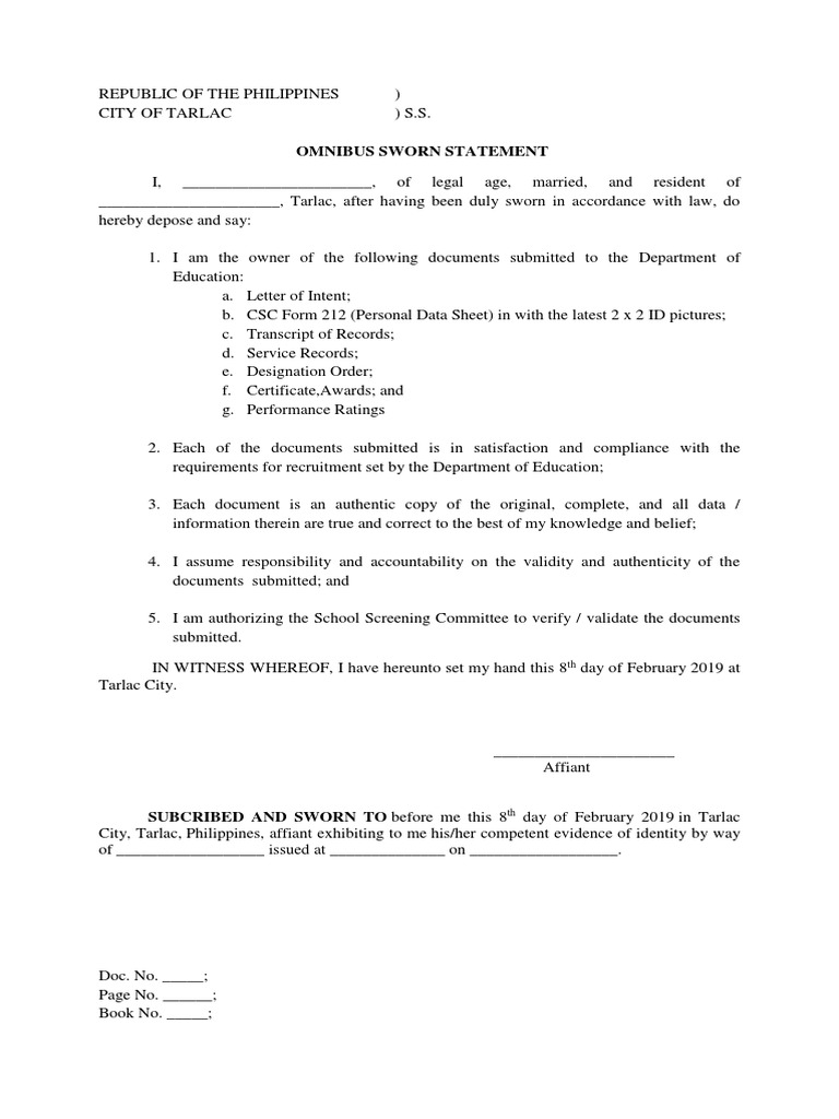 Omnibus Sworn Statement - NNN | PDF