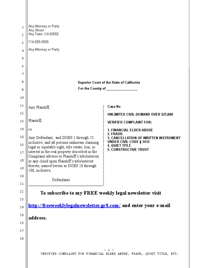 Sample Verified Complaint For Financial Elder Abuse in California | PDF | Concurrent Estate ...