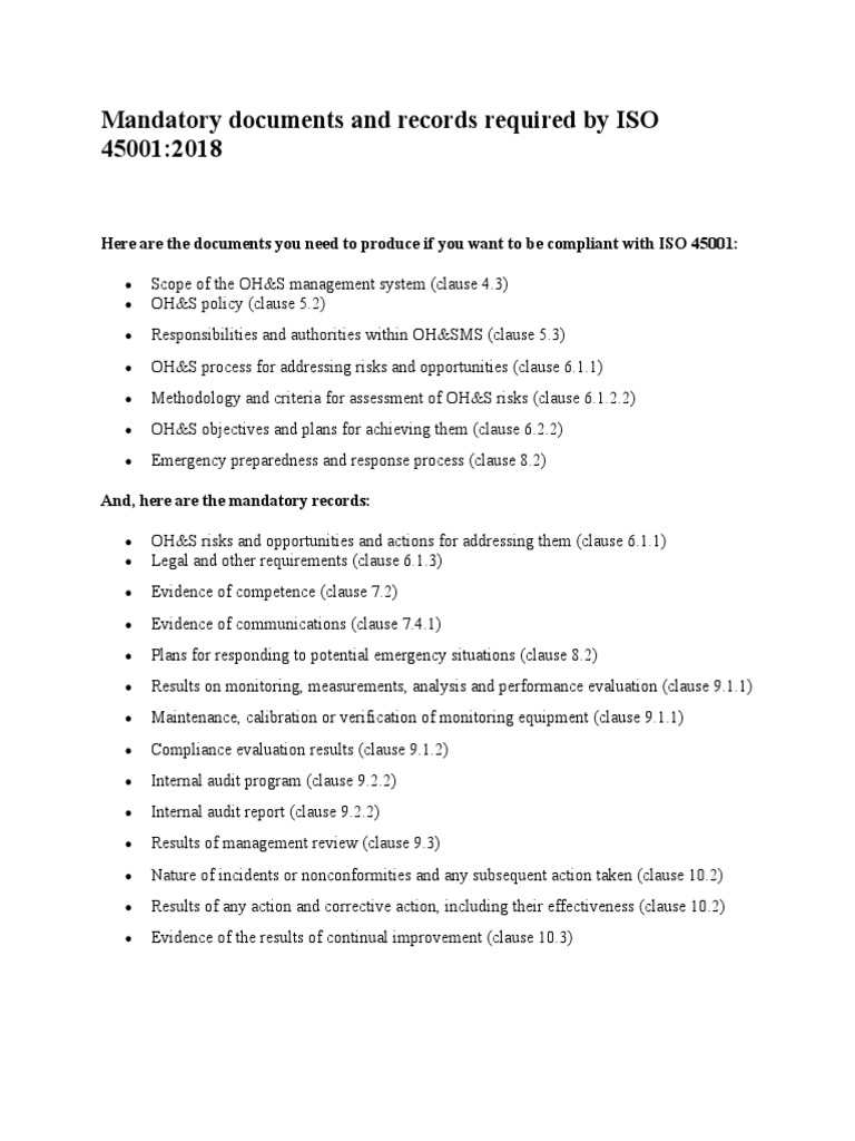 Mandatory Documents and Records Required by ISO 45001 | PDF | Internal ...