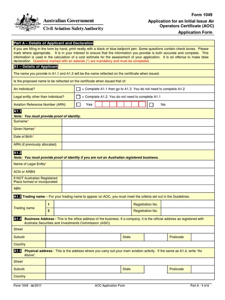 Application for an Initial Air Operators Certificate: Form 1049 | PDF ...