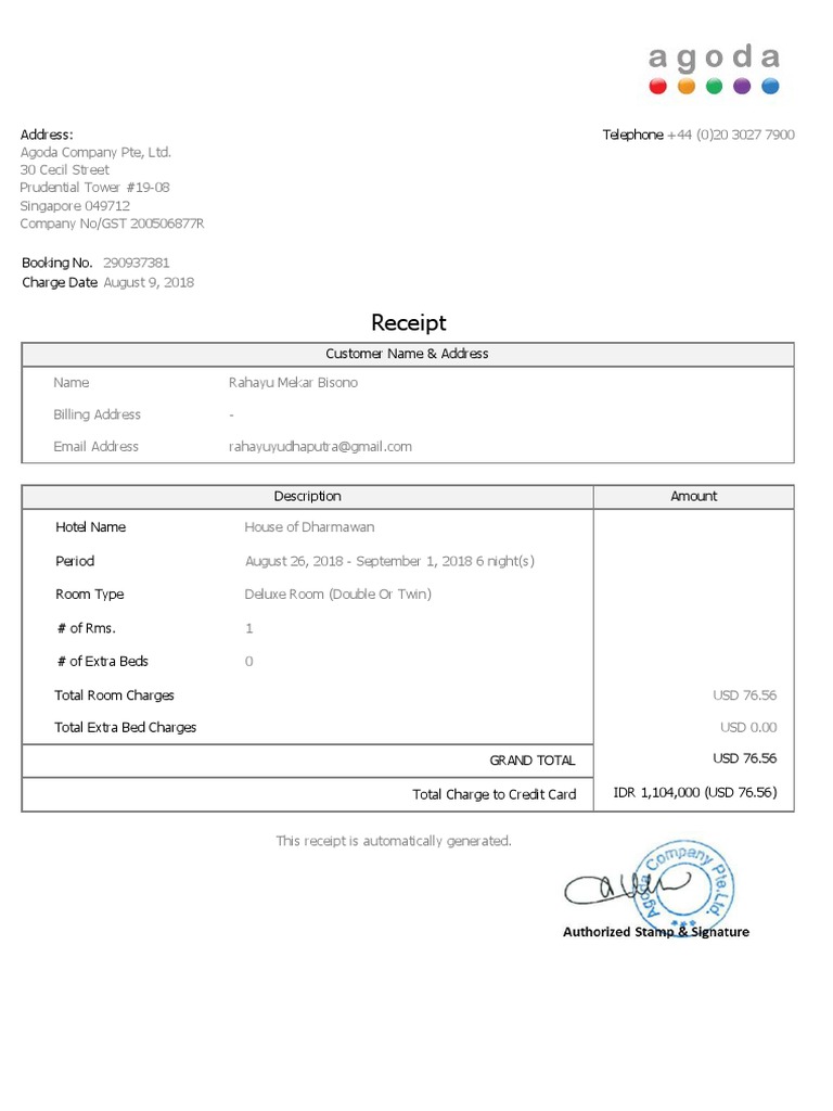 Agoda Booking ID 290937381 - RECEIPT Enclosed | PDF | Financial ...
